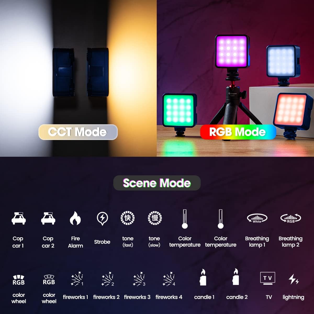 Fotopro Luces de video RGB Cold Shoe 2500-9000K Regulables 2000mAh ...