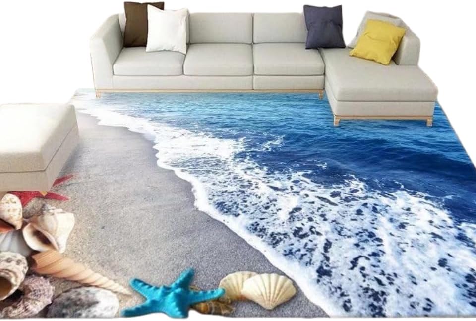 Amazon.com: 3D Visual Blue Ocean Rug with Beach Design Carpet, Large ...