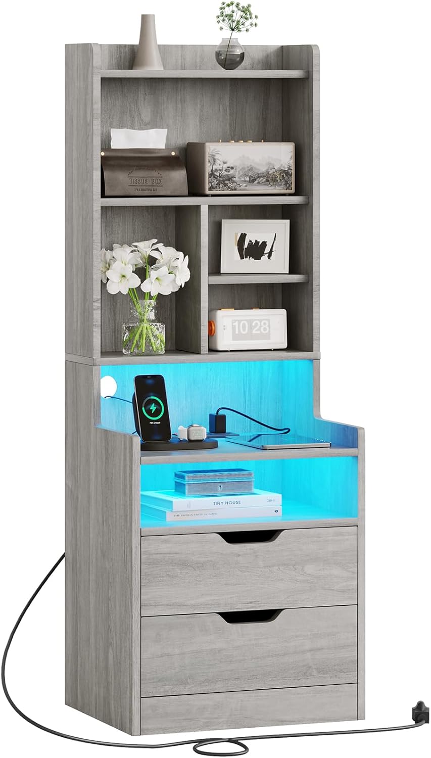 Amazon.com: ADORNEVE Tall Night Stand with Charging Station and LED ...