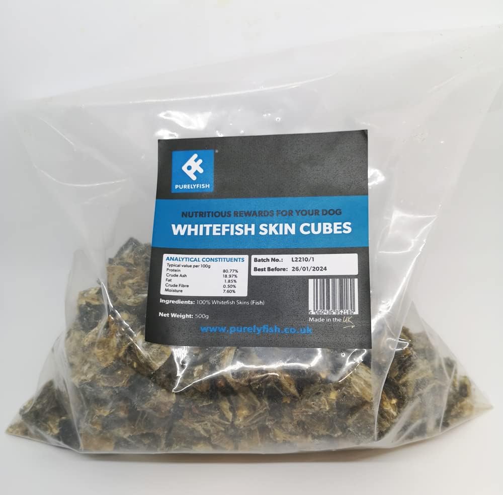 Purely Fish Whitefish Skin Cubes Dog Treats 100g Pouch : Amazon.co.uk ...