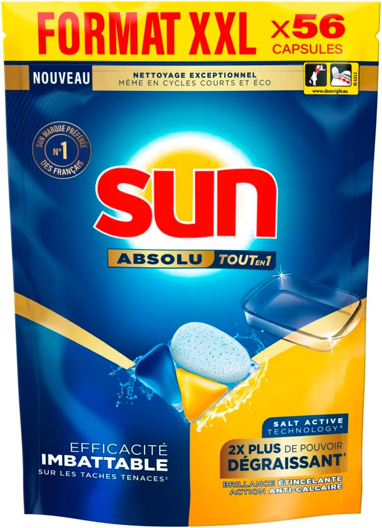 Sun Absolu Pastilles Lave-Vaisselle Tout-en-1 Dégraissant, 56 Capsules ...