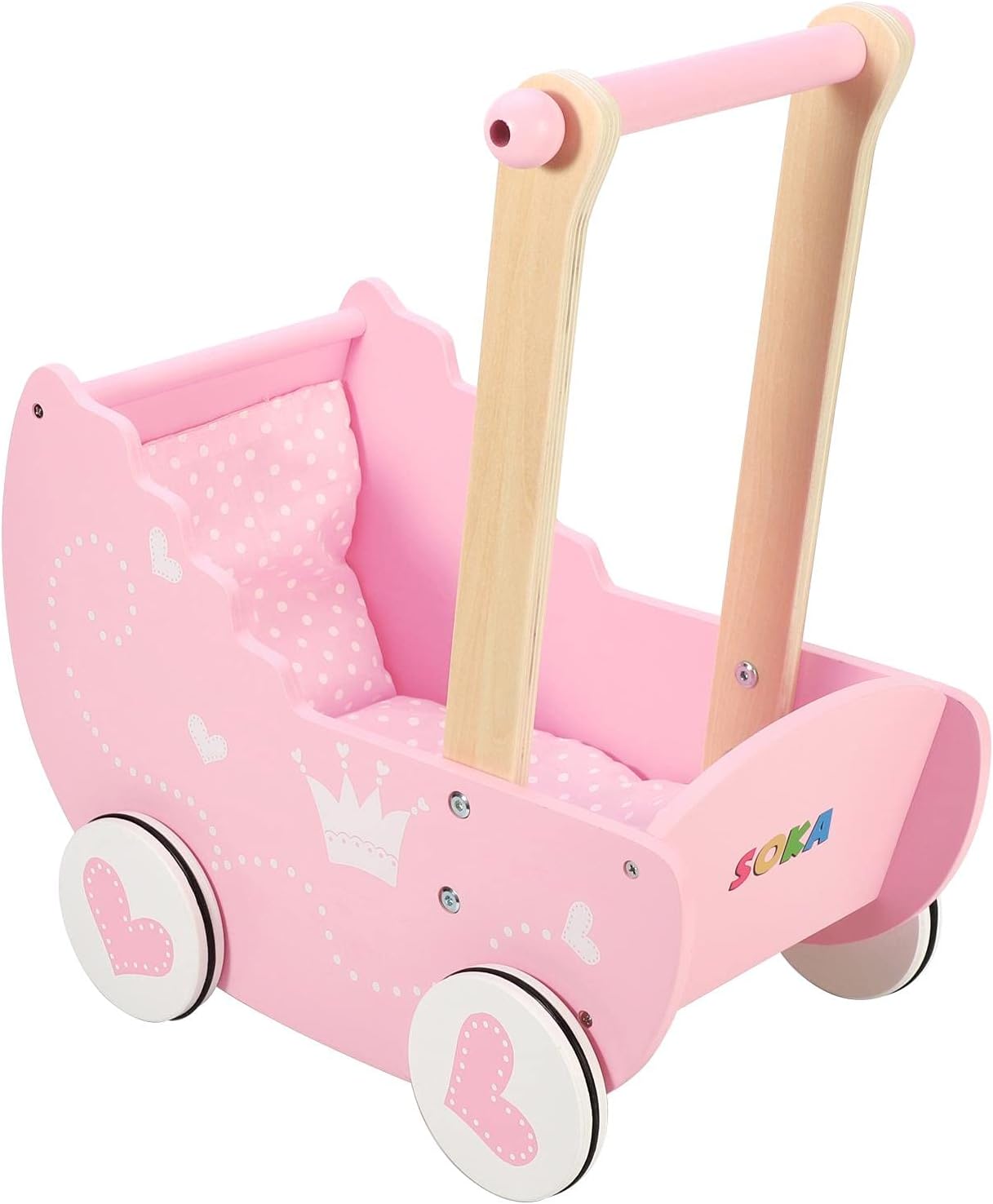 SOKA Wooden Push Along Pink Princess Doll Pram for Boys and Girls ...