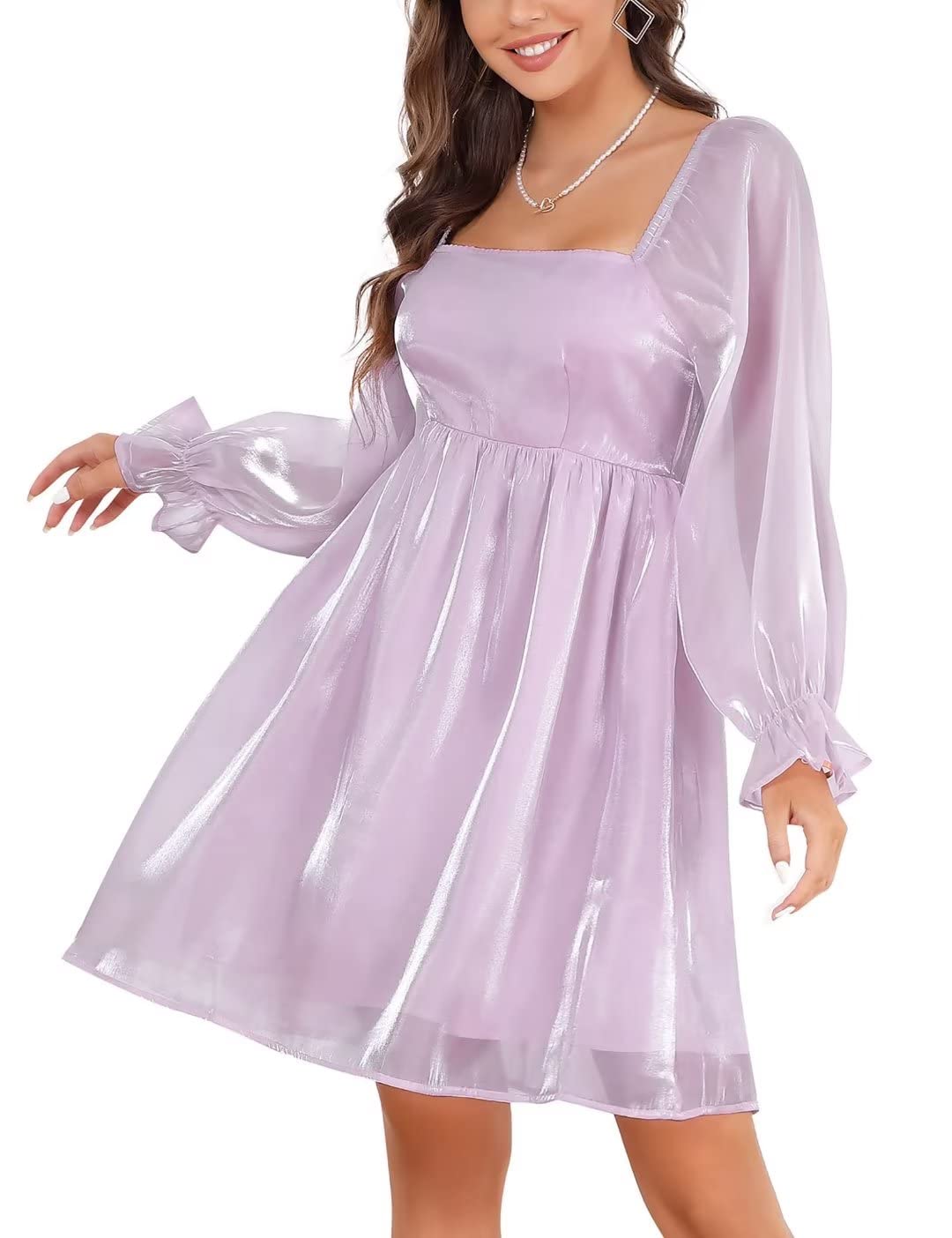 KOJOOIN Womens Puff Sleeve Square Neck Puffy Dress Babydoll Mesh ...