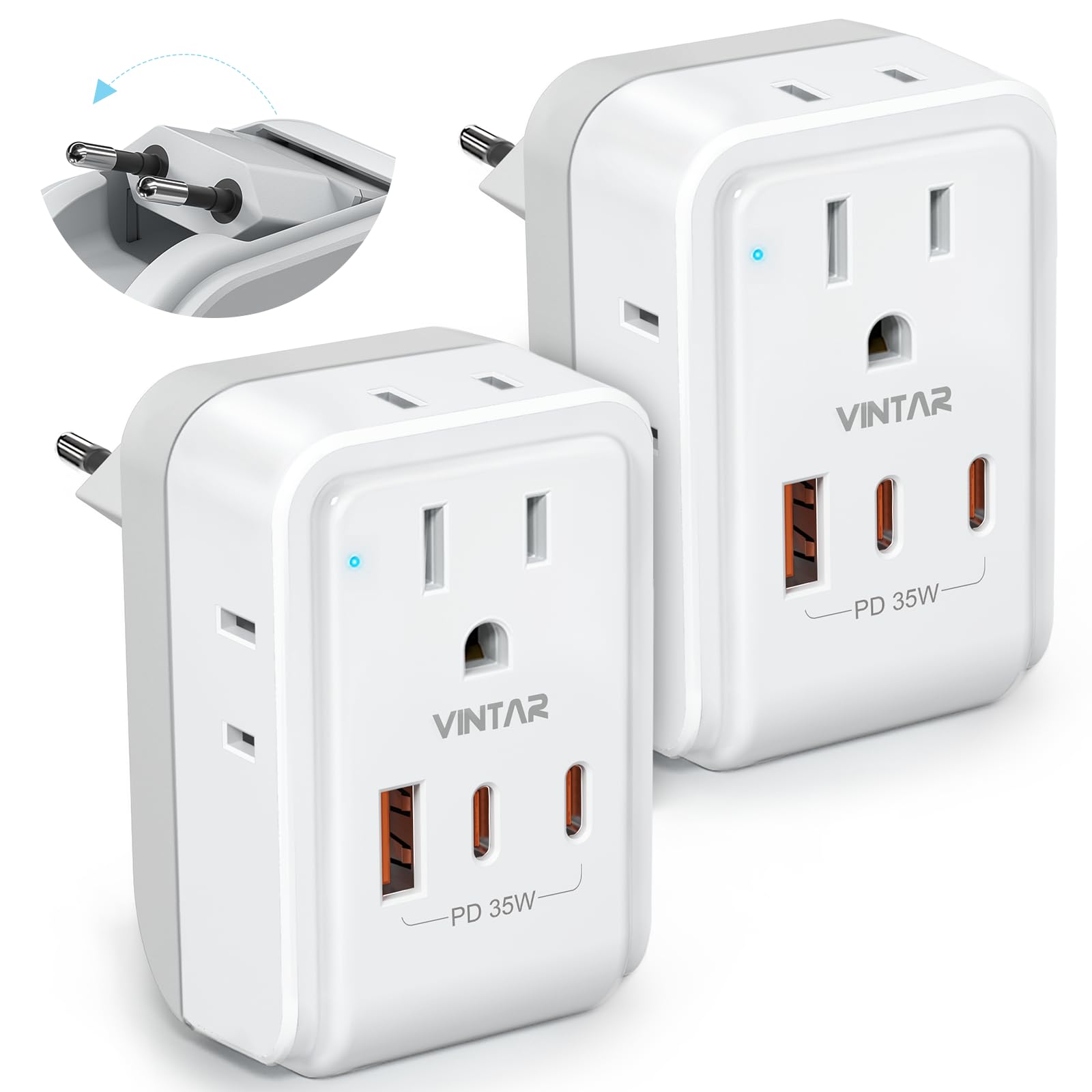 [2-Pack] European Travel Plug Adapter, VINTAR PD 35W Foldable Type C Adapter with 4 AC Outlets 3 ...