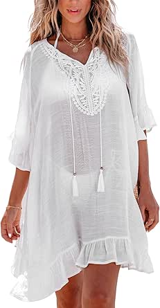 CUPSHE Women's Semi Sheer Bathing Suit Cover Up Lace Sun Dresses Tassel ...