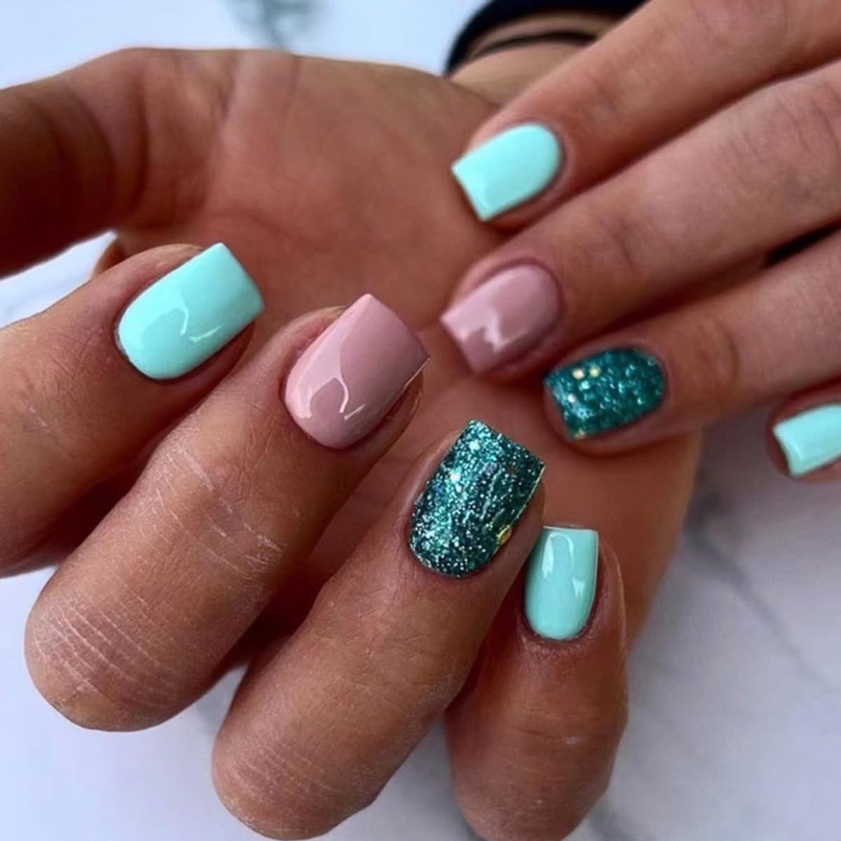 Amazon.com: Square Press on Nails Short Fake Nails Blue Pink False ...