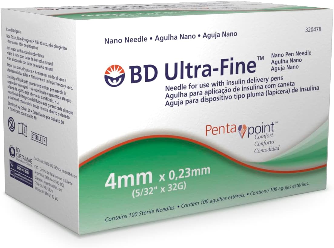 BD Nano Ultra-Fine Penta Point Sterile Pen Needles 4mm x 32G (100 Units ...
