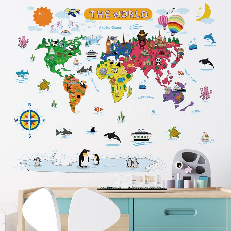 EASYARTO Cute Colourful Wall Sticker Decal of World map Shows ...