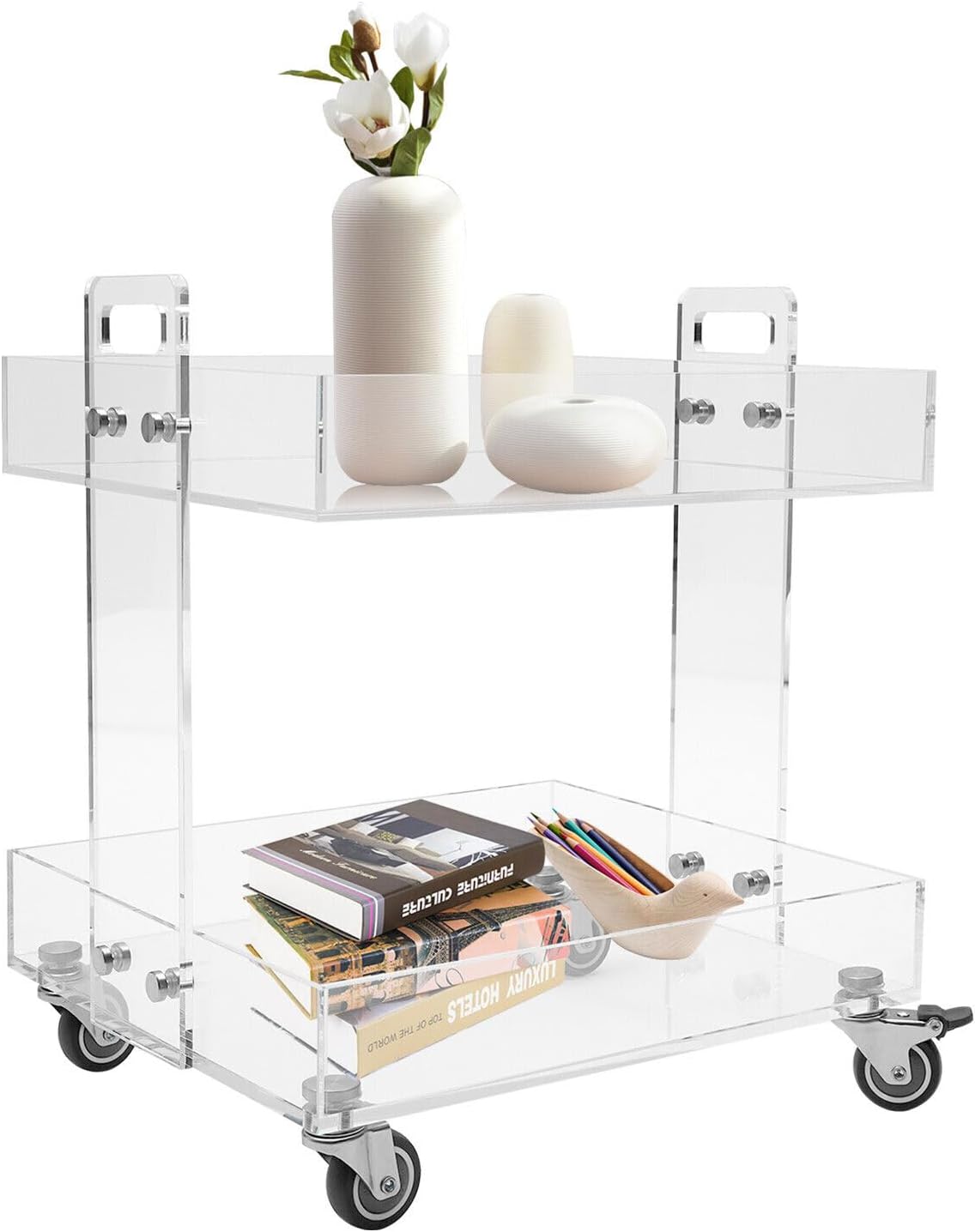 Amazon.com: VLUOO Acrylic Cart with Wheels 2 Tier Clear Acrylic Side ...