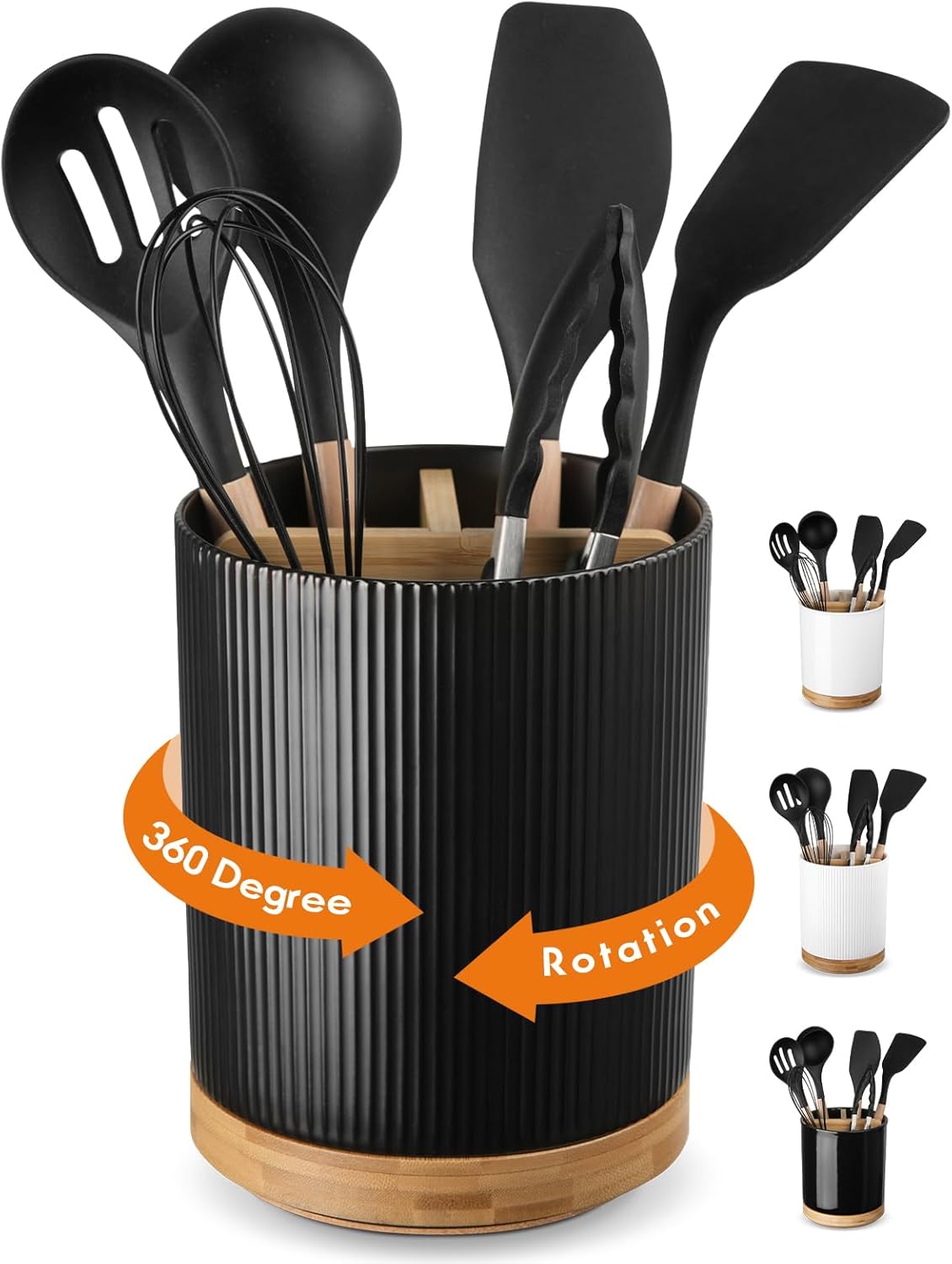 LoeJan 3 Compartment Utensil Holder, 7.2" Extra Large Utensil Crock ...