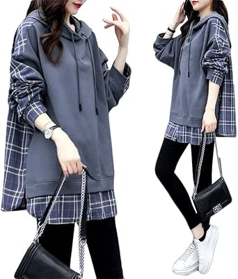 Amazon.co.jp: [JIANGWEI] パーカー レディース 長袖 トレーナー スウェット フード付き プルオーバー ロングtシャツ チェック パーカー レイヤード風 ゆったり 体型 ...