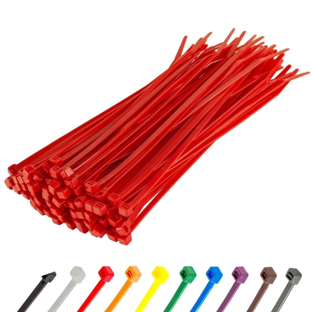 GTSE 100 Pack of Red Cable Ties, 200mm x 2.5mm Premium Tie Wraps, Nylon ...