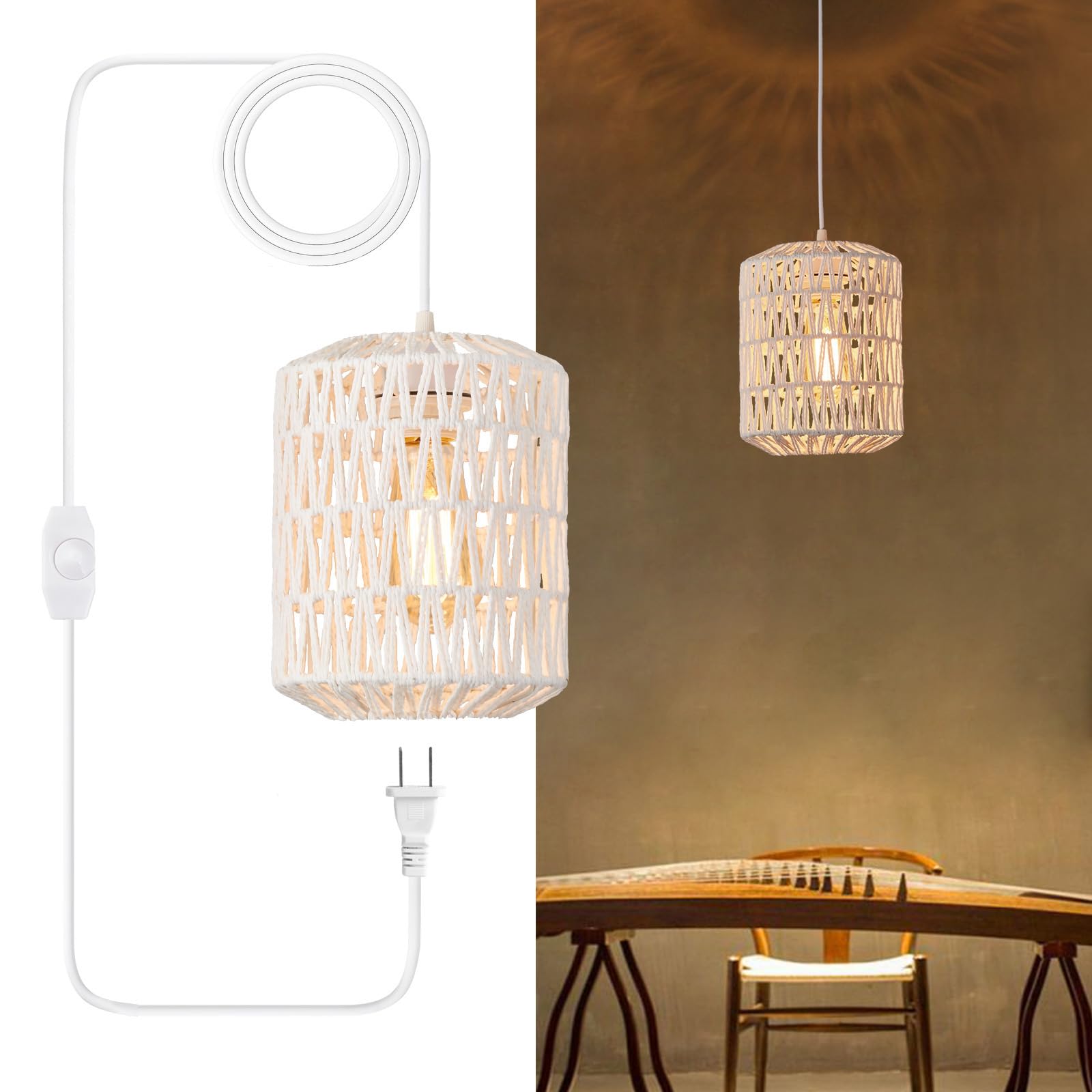 Plug in Pendant Light, Rattan Hanging Lights with Plug in Cord 15ft ...