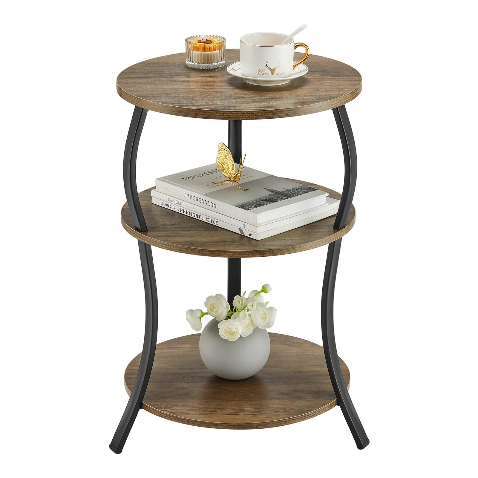 Round Side Table, 3-Tier Waist End Table with Storage Shelf, Side Table ...