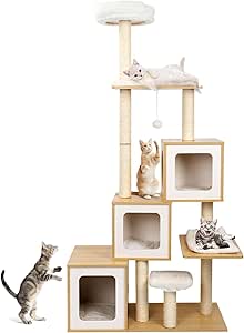 Amazon.com : 64" Modern Wooden Cat Tree Tower, Pet House Multi-Level ...