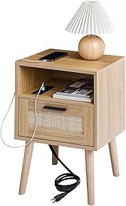 Labcosi Mid Century Modern End Table, Natural Rattan Nightstand with ...