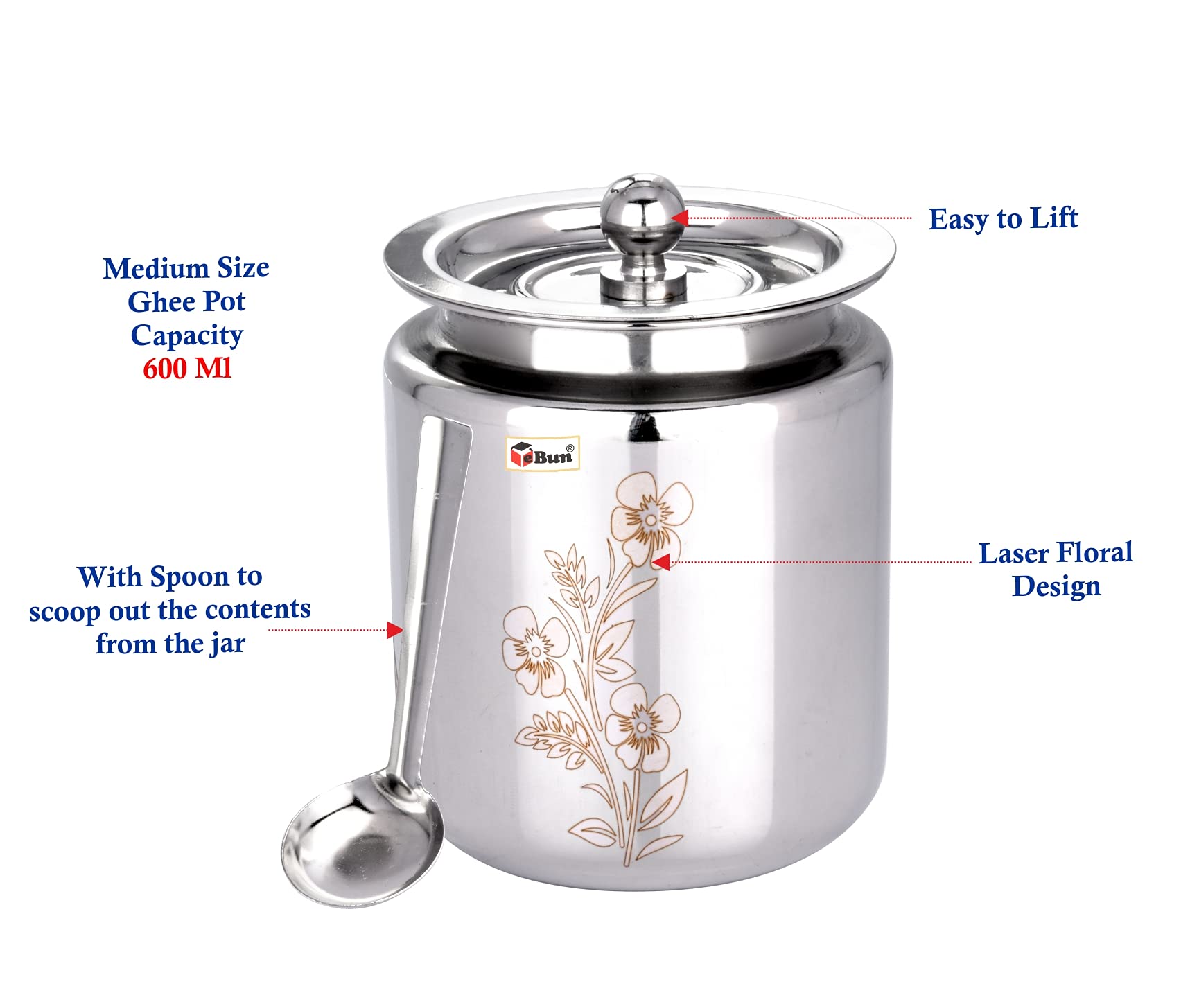 Snapklik.com : Ebun Stainless Steel Laser Designed Ghee Pot