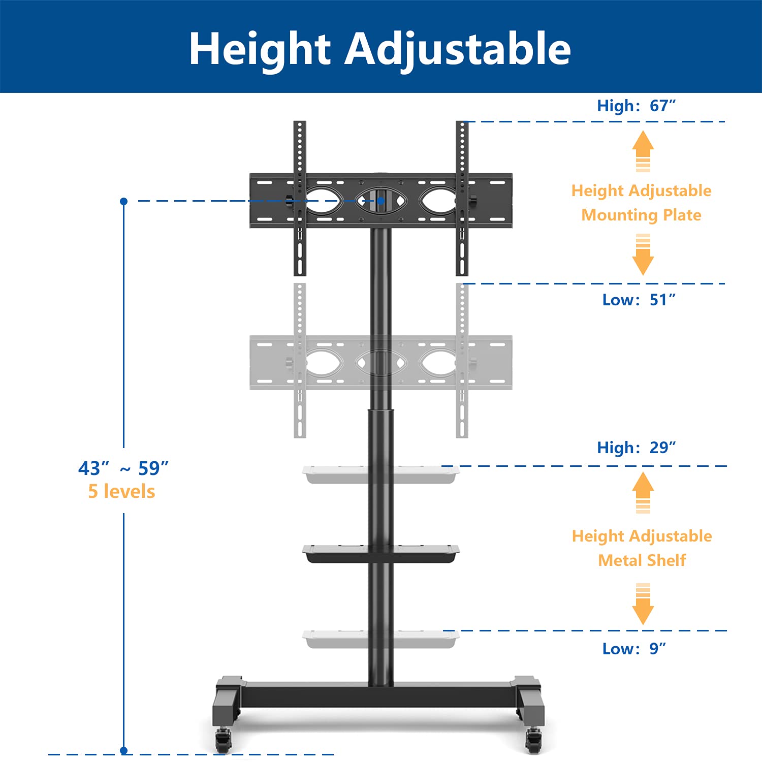 Rfiver Mobile tv cart Rolling tv Stand for 32-70 inch Flat Curved ...