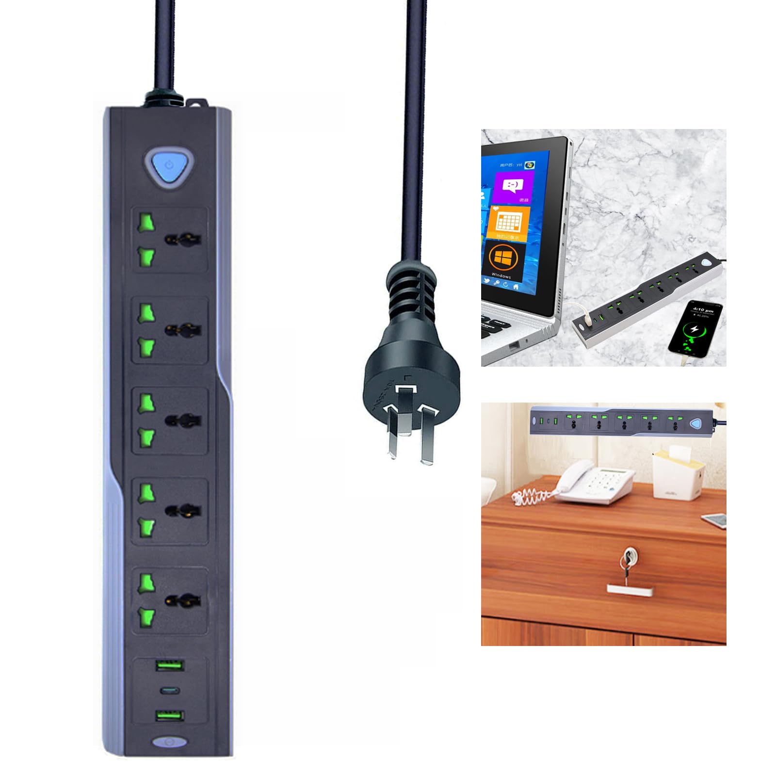 Power Strip with 5 AC Outlets AU Power Board with 2 USB and 1 USB C Charging Ports, 2500W/10A ...