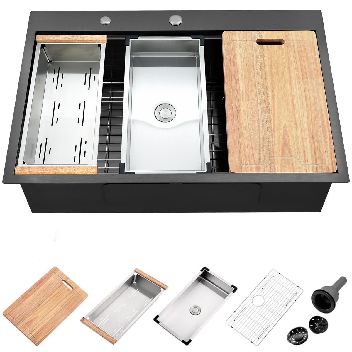 33 Black Drop in Workstation Kitchen Sink, Xiiwin 33x22 Inches 16 Gauge ...