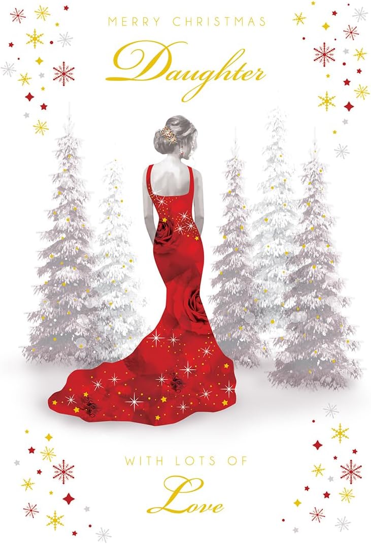 Daughter Christmas Card Modern Red Dress Trees 9" x 6" Lovely Verse ...