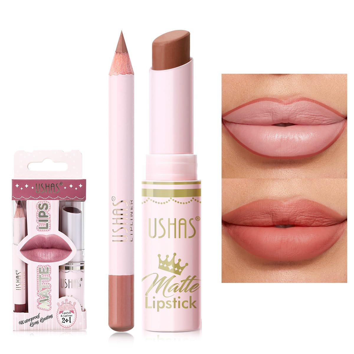 Amazon.com : USHAS Lipstick and Lip Liner Combo Set 2 in 1 Waterproof ...