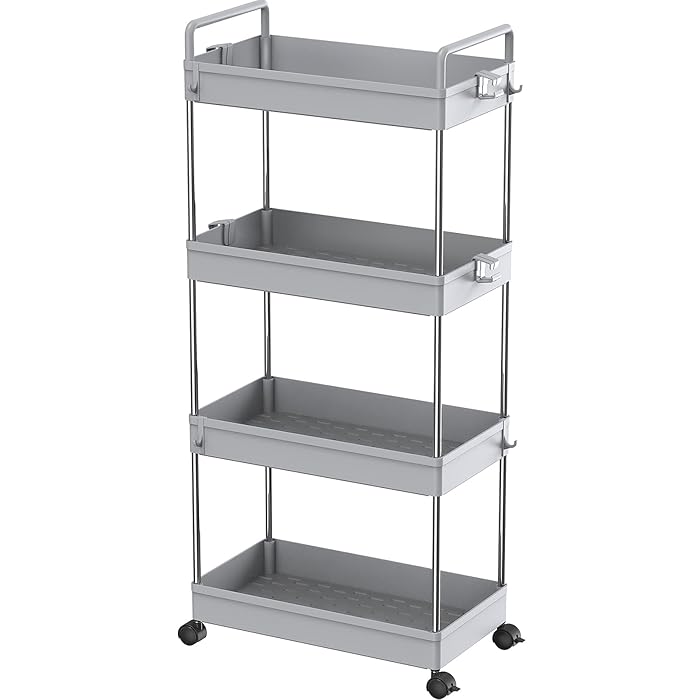 Buy Ronlap 4 Tier Storage Trolley, Narrow Mobile Shelving Unit with ...