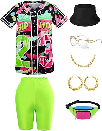 Amazon.com: 80s 90s Outfit for Women Hip Hop Costume Baseball Jersey ...