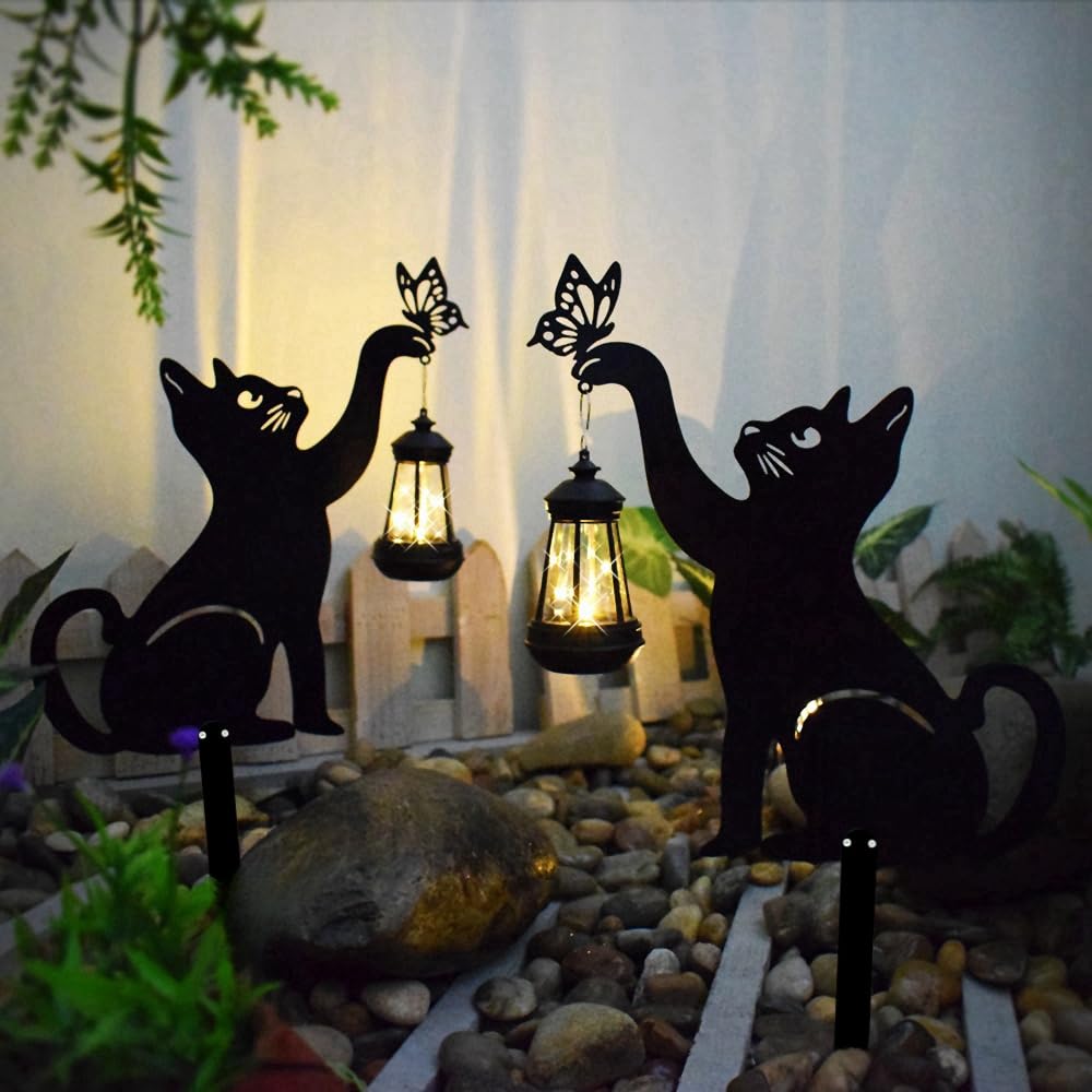 2Pcs Cat Solar Lights, Solar Outdoor Decor, Metal Black Cat Silhouette ...
