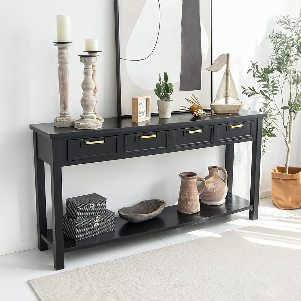 Amazon.com: Kinsuite Long Sofa Table with 4 Drawers - Modern Black ...