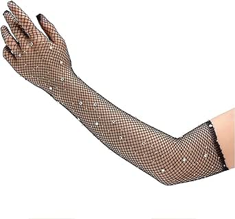 Amazon.com: ASTRQLE Women Long Fishnet Gloves Rhinestone Mesh ...
