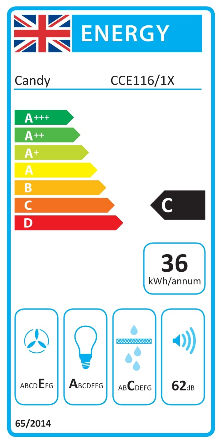 Candy CCE116/1X, Cooker hood 60 cm, 3 power levels, 305 m3/h extraction ...