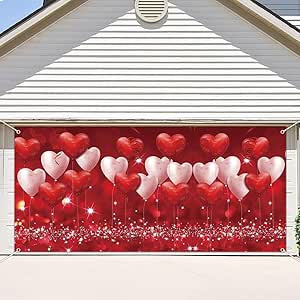 Amazon.com: VOUORON 6x13FT Red Hearts Balloons Garage Door Banner Cover ...