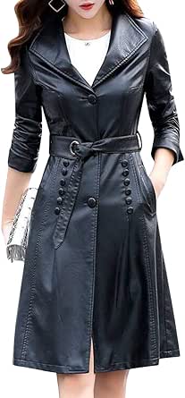Tanming Womens Autumn Fashion Lapel Button Front Long Leather Jacket ...