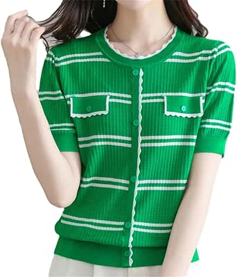 Striped T Shirt for Women Crew Neck Button Knit Tops Short Sleeve Tee ...