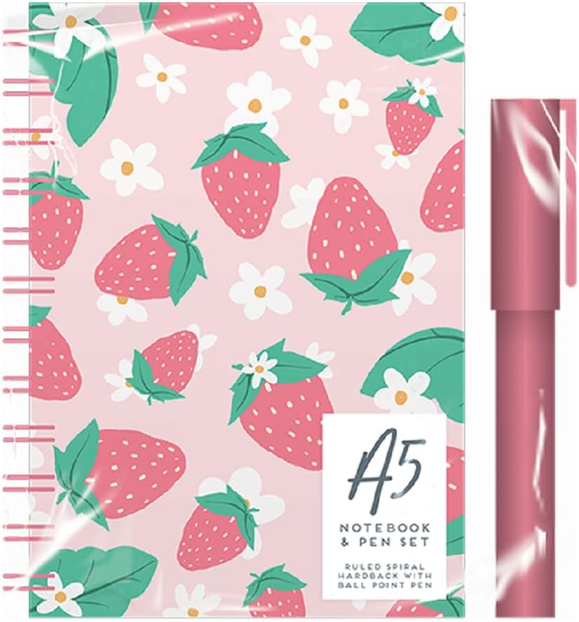 Strawberry Patterned A5 Wiro Notebook & Ballpoint Pen Set – BigaMart