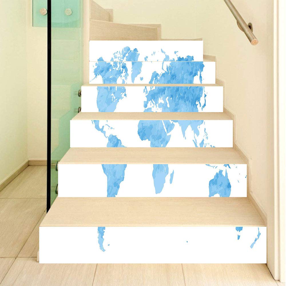 Buy 3D Stair Stickers Decals-6Pcs/Set,Blue Watercolor Style World ...