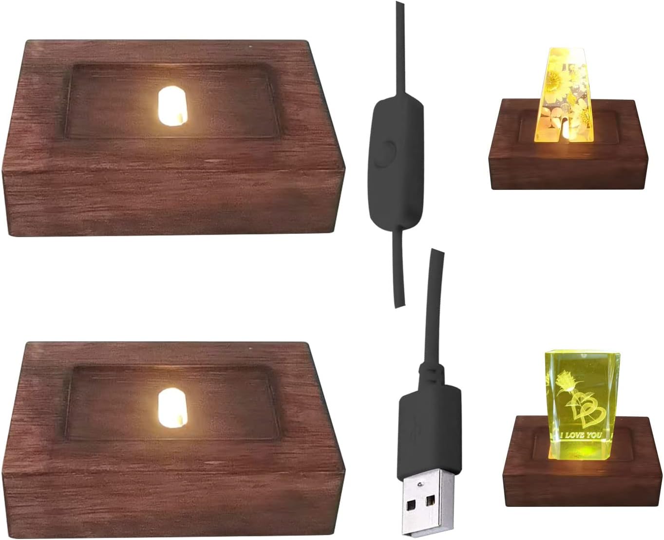 ZEERSHEE Pack 2 Wooden LED Light Display Base Crystal Glass Light Base ...