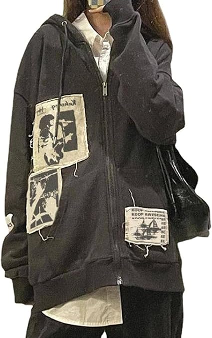 Womens Y2k Graphic Print Zip Up Hoodies Graffiti Face Portrait ...