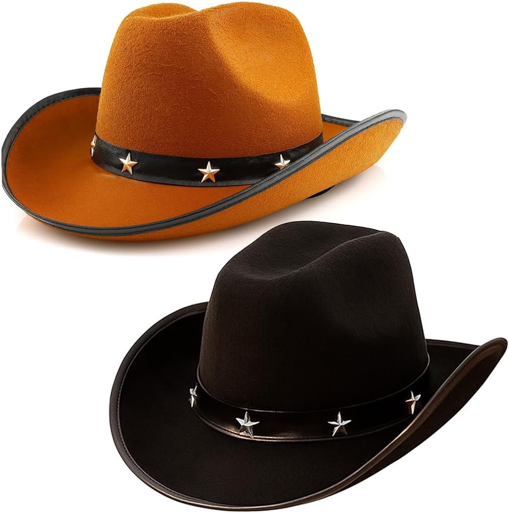 Set of 2 Cowboy Hats – Black & Brown Felt Western Hats with Star Band ...