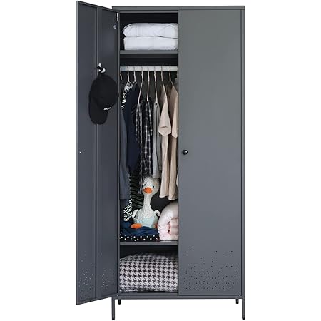 Amazon.com: Metal Storage Cabinet with Hanging Rod, Wardrobe Armoire ...