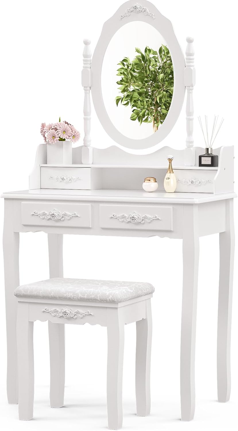 Amazon.com: Whalefall Girls Makeup Vanity Set with Mirror and Stool ...
