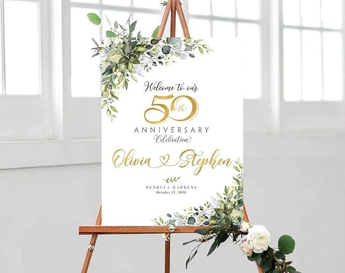 Amazon.com: Custom 50th Anniversary Sign, Greenery Gold Decorations ...