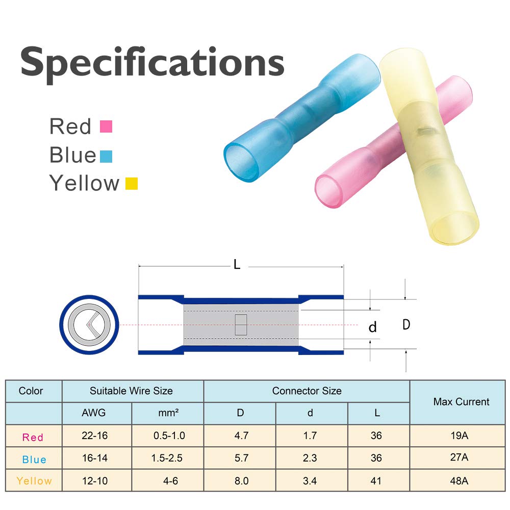 Snapklik.com : AIRIC Heat Shrink Butt Connectors 22-16 Gauge Waterproof ...
