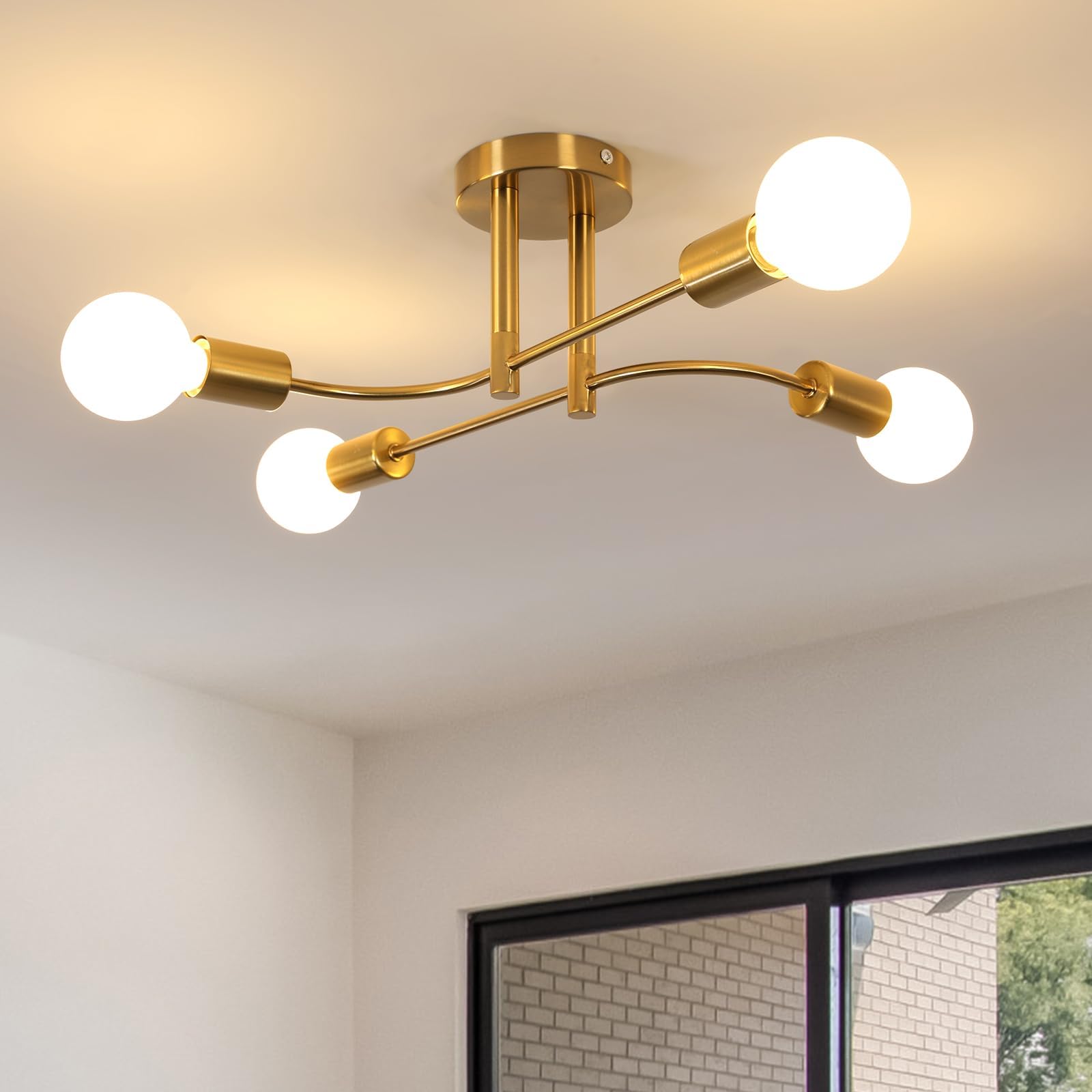 DELIPOP Sputnik Ceiling Light Fixture, 4-Light Gold Modern Semi Flush ...