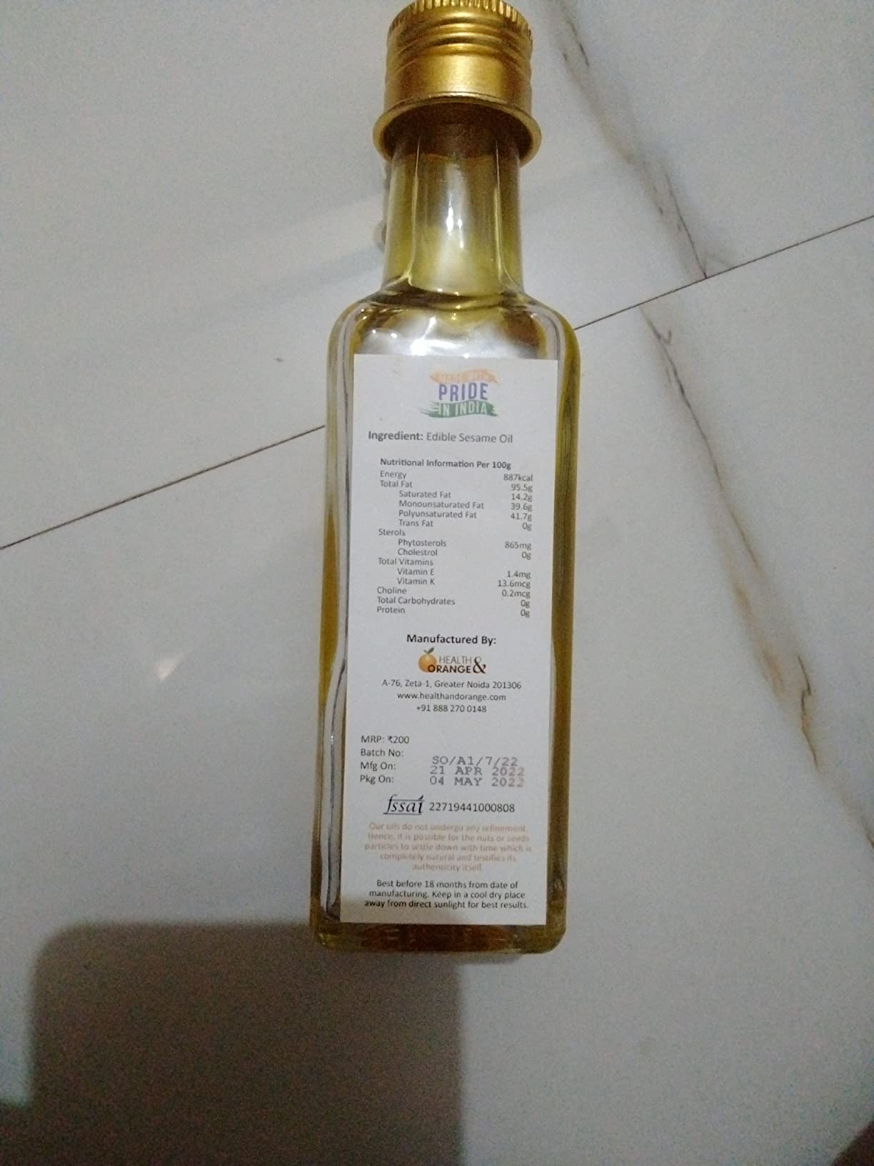 H&O Sesame Oil - 100% Pure Cold Pressed Edible Til ka Tel, 100ml Glass ...