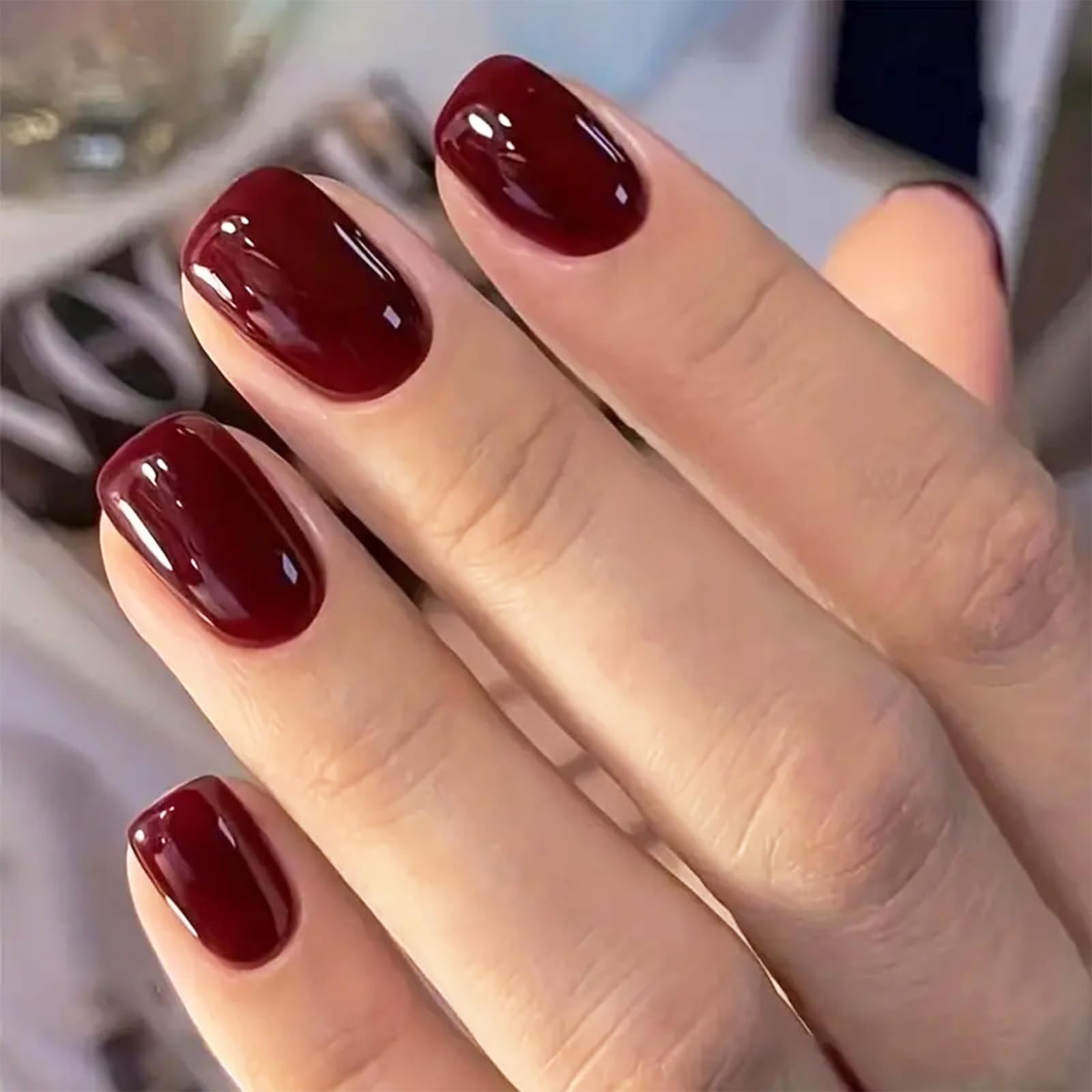 Square False Nails Short, 24Pcs Wine Red Fake Nails, Burgundy Stick on ...