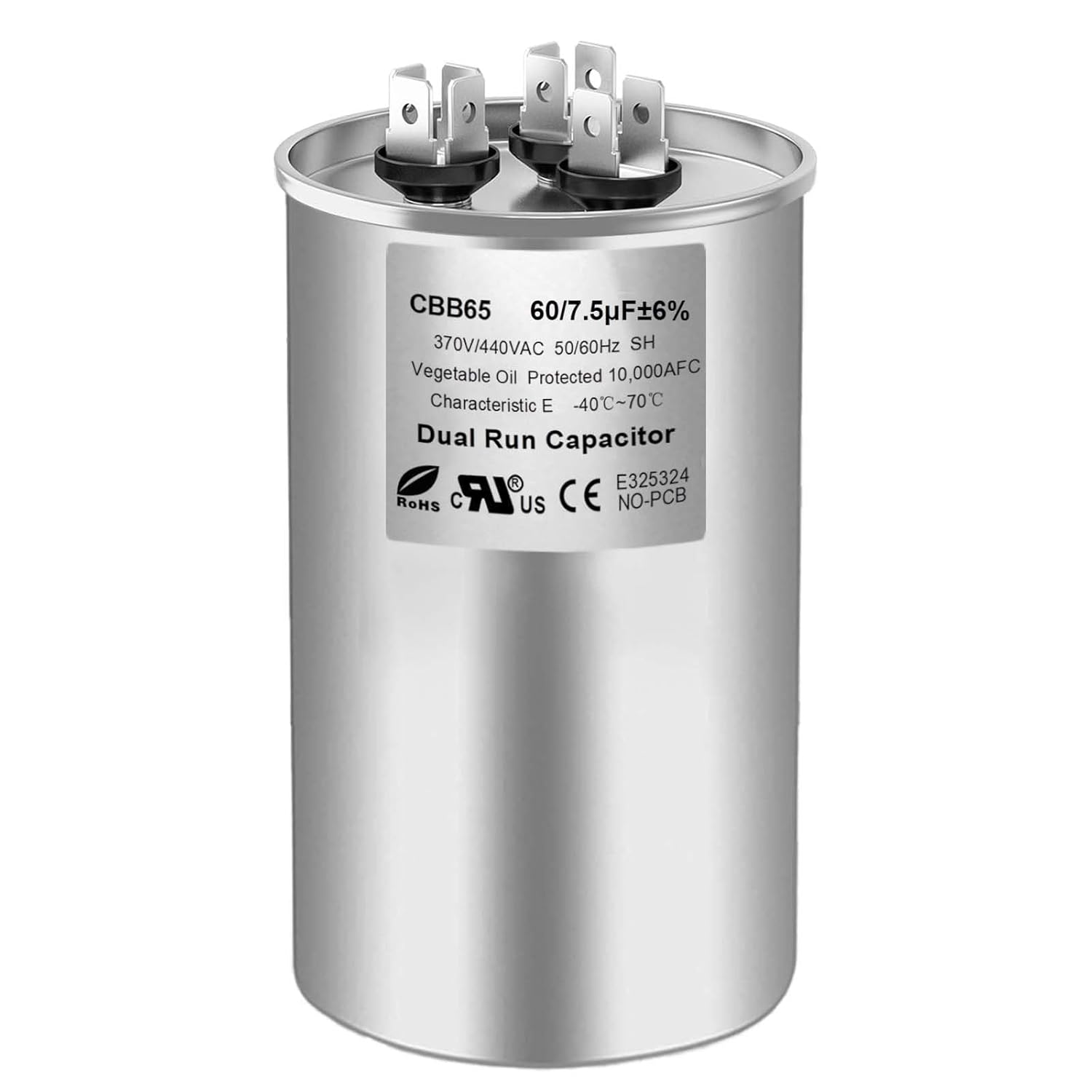 60/7.5 uF 60+7.5 MFD 370V or 440V Dual Run Start Round A/C Capacitor, 60 7.5 uF 370 440 Volt ...