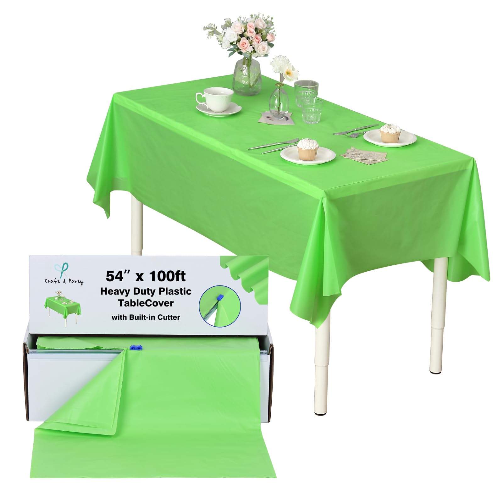 Craft And Party, 54 in x 100 feet Apple Green Plastic Table Cover Roll ...
