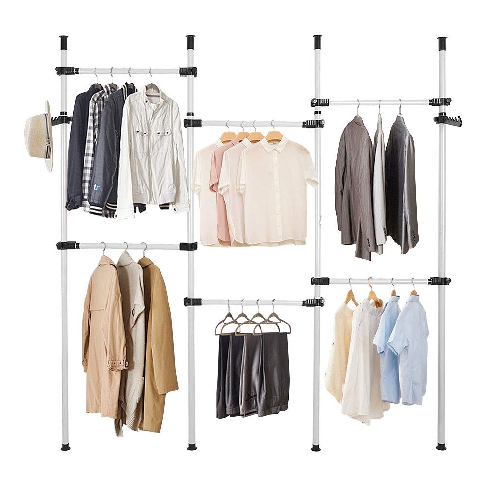 Heavy Duty Clothes Rack, 4 Poles 6 Bars Telescopic Coat Hanger Wardrobe ...
